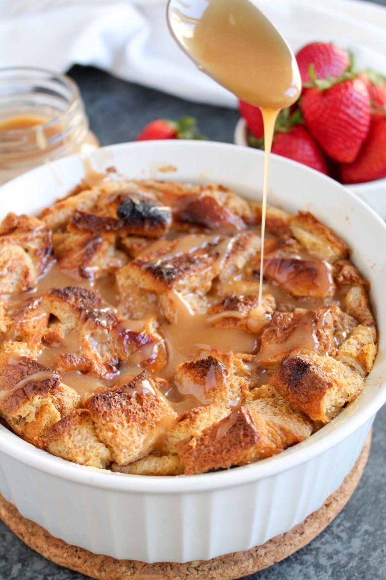 Brioche Bread Pudding with Salted Caramel Sauce - Katiebird Bakes